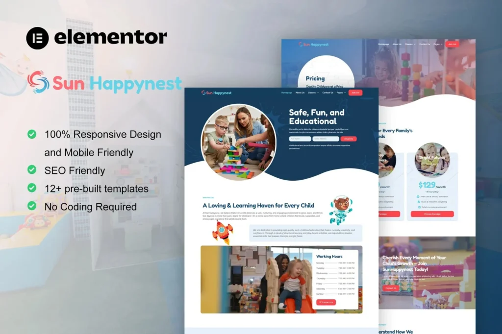 SunHappynest - Kindergarten & Child Care Elementor Pro Template Kit ...
